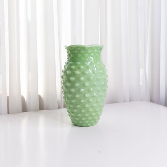 Vintage Accents Vintage Green Milk Glass Vase Hobnail Scalloped Rim Colored Milk Glass